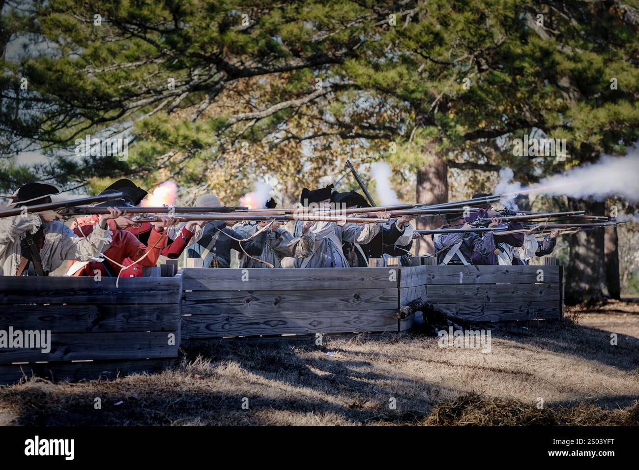 A reenactment of the Battle of Great Bridge, of the American Revolution ...
