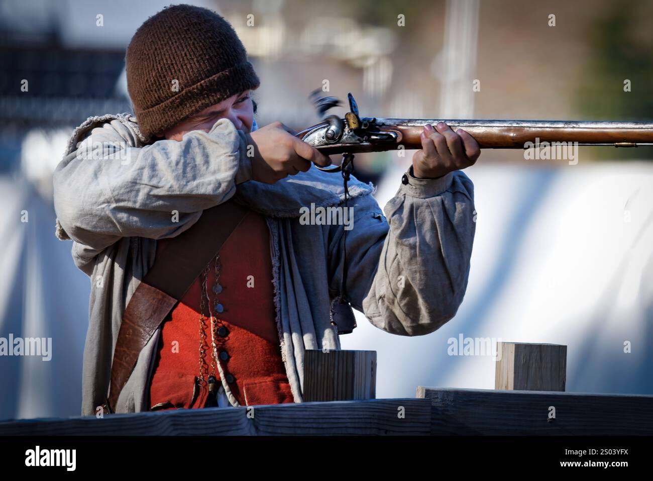 A reenactment of the Battle of Great Bridge, of the American Revolution ...