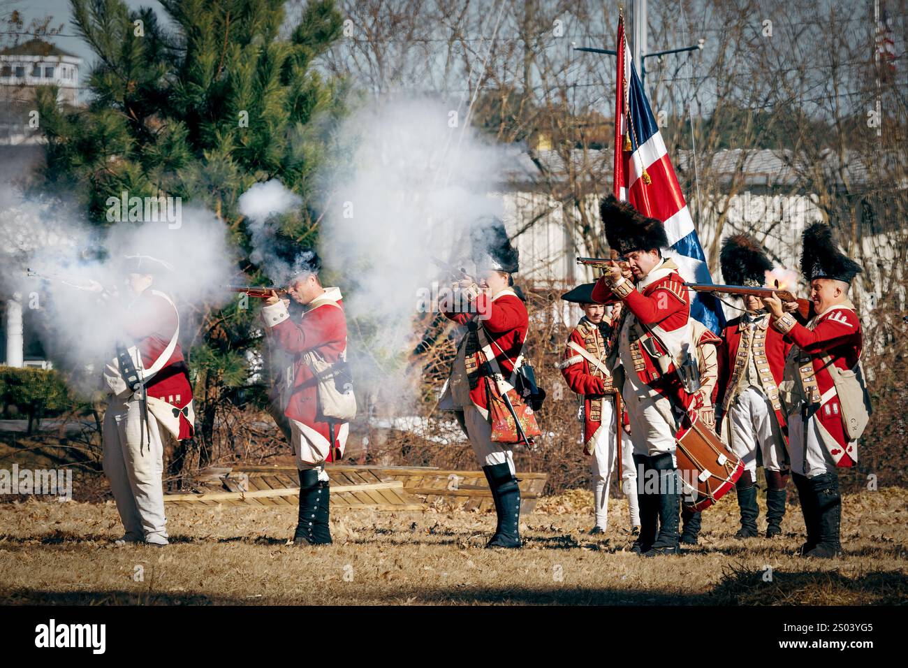 A reenactment of the Battle of Great Bridge, of the American Revolution ...