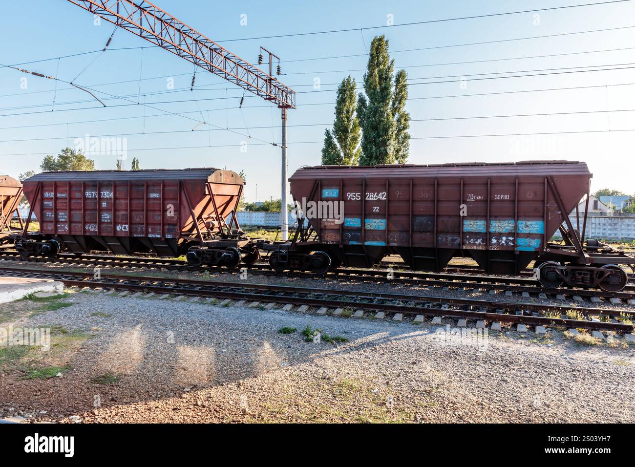 Two trains are on the tracks, one of which is carrying a cargo of wood ...