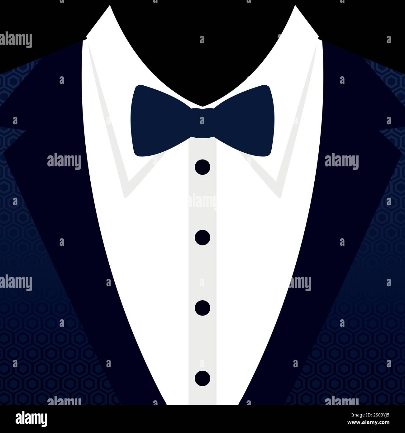 Blue tuxedo suit with geometric pattern and tied bow. Blue festive tuxedo with bow tie. Vector ...