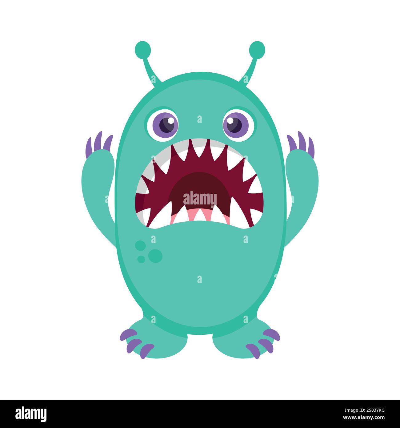Cute cartoon green monster in childish style with big mouth and fangs ...