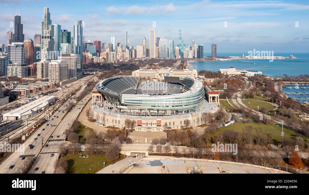 An aerial view of Soldier Field, home to the Chicago Bears, looking ...