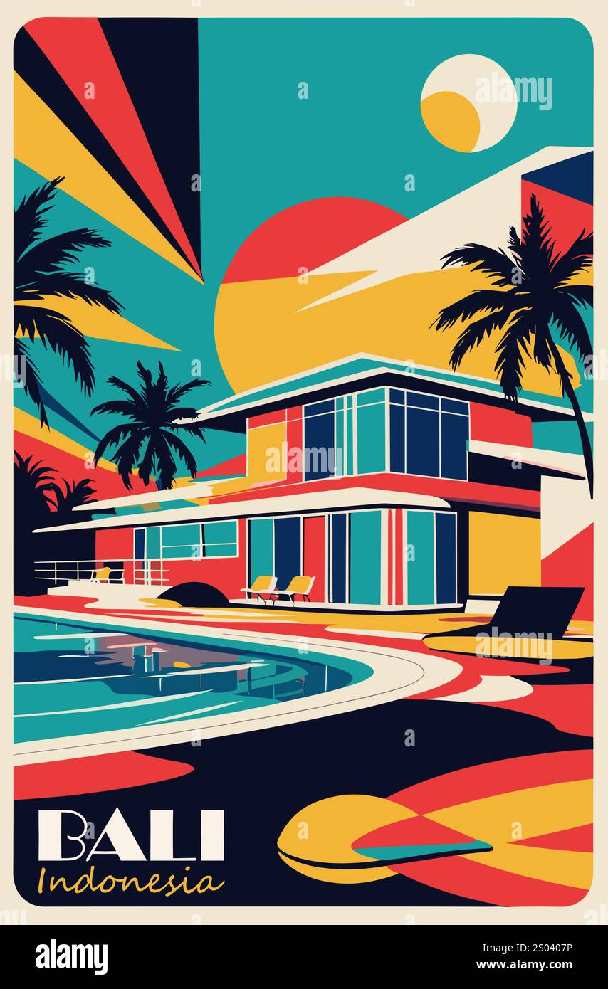 Bali Indonesia travel destination retro art poster Stock Vector Image ...