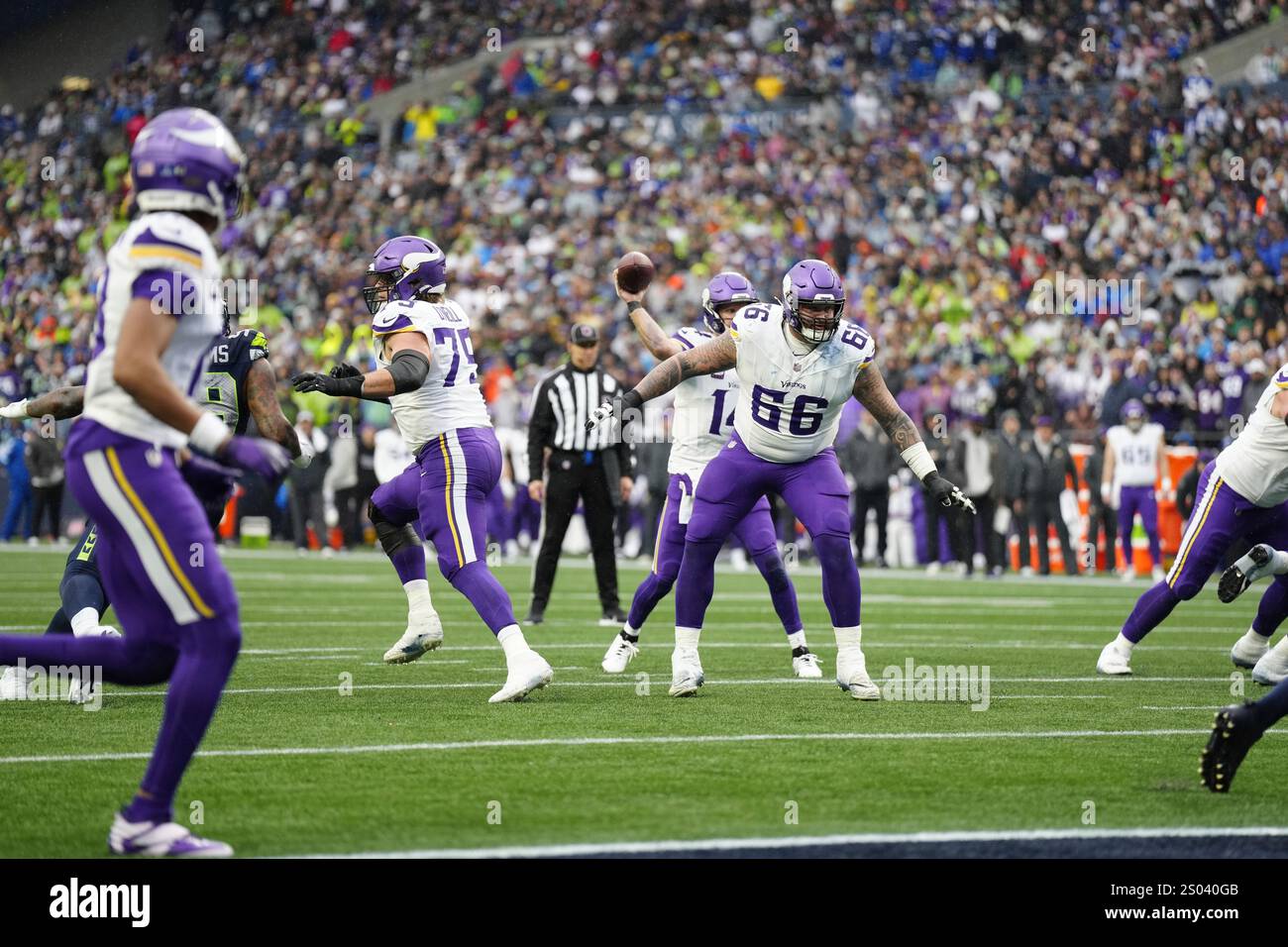 Minnesota Vikings guard Dalton Risner (66) looks to block during an NFL ...