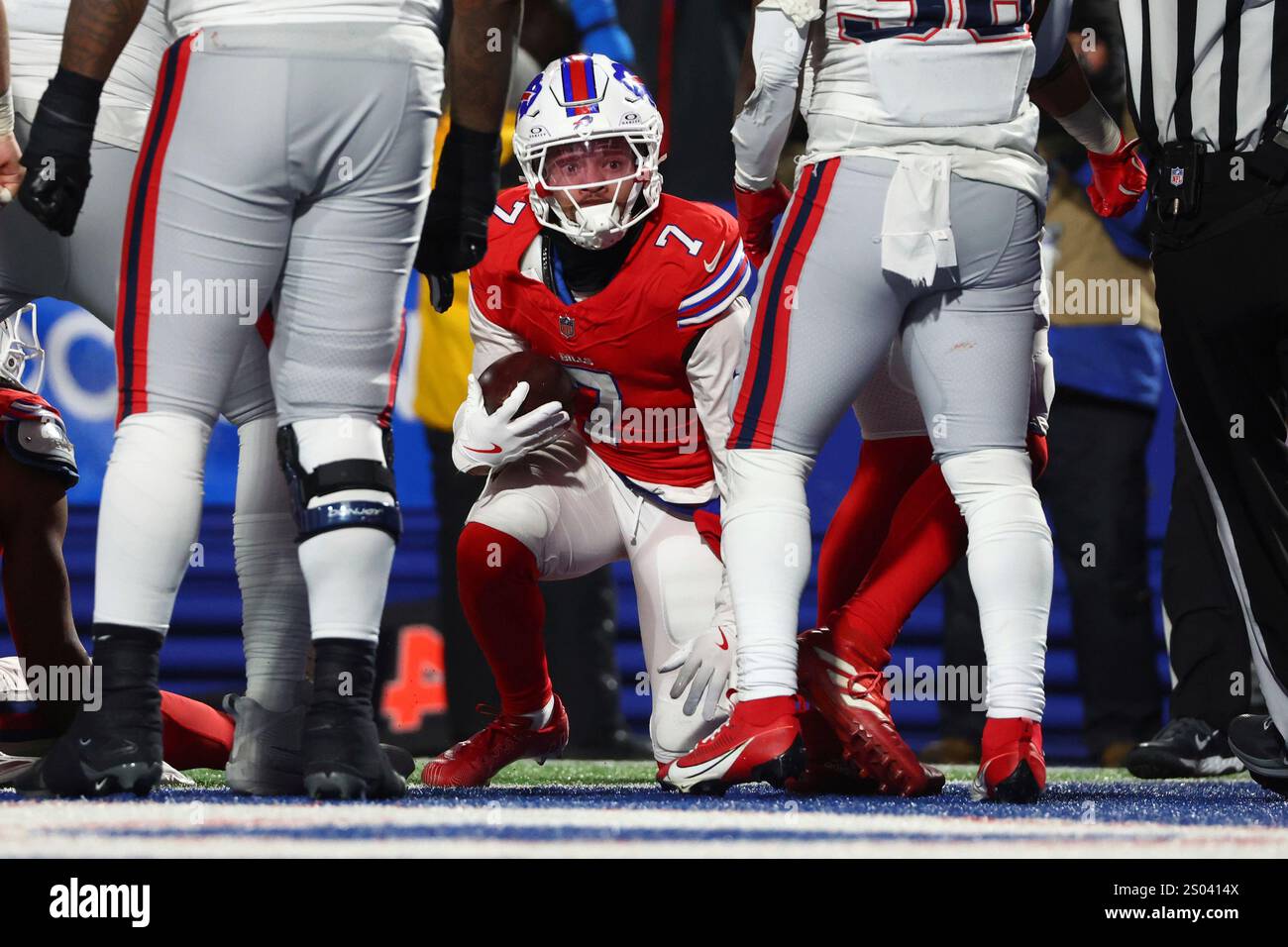 Buffalo Bills cornerback Taron Johnson (7) recovers a fumble in the ...