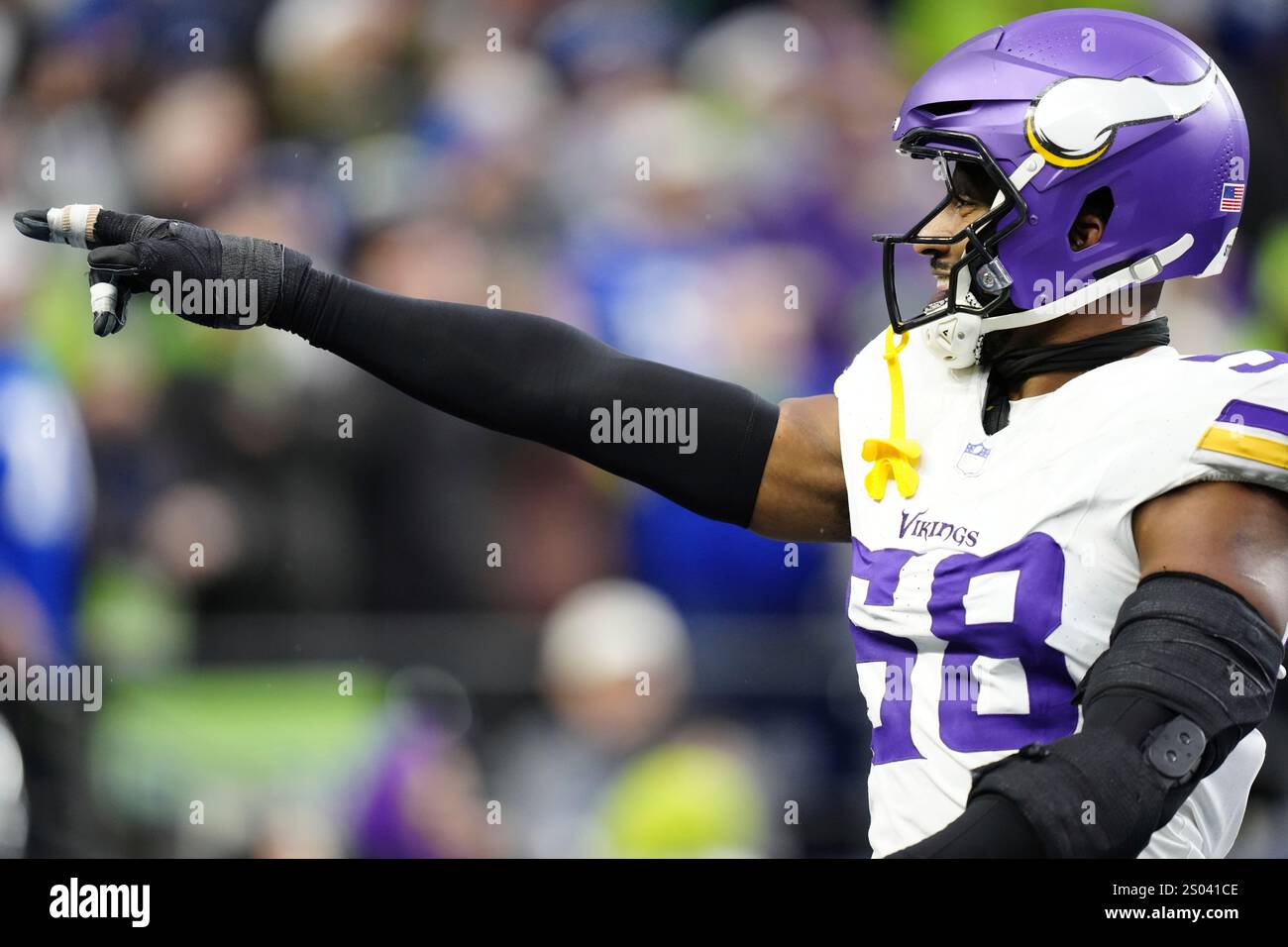 Minnesota Vikings linebacker Jonathan Greenard (58) points during an ...