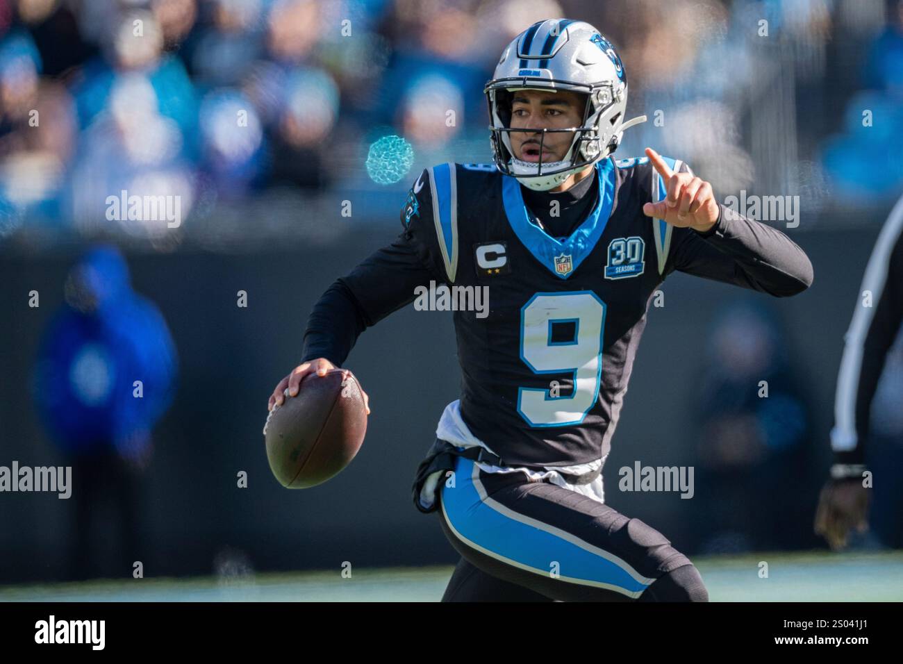 Carolina Panthers quarterback Bryce Young (9) looks to pass during an ...