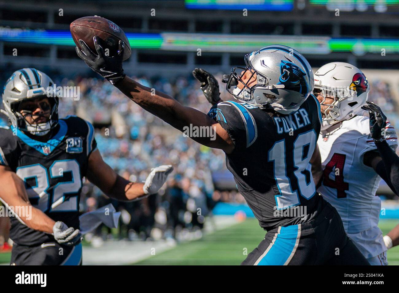 Carolina Panthers wide receiver Jalen Coker (18) tries to make a catch ...