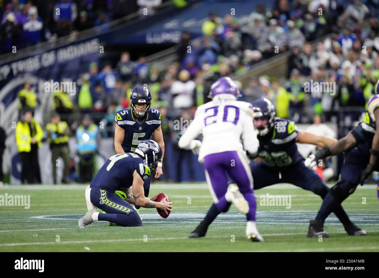 Seattle Seahawks place kicker Jason Myers (5) kicks the ball during an ...