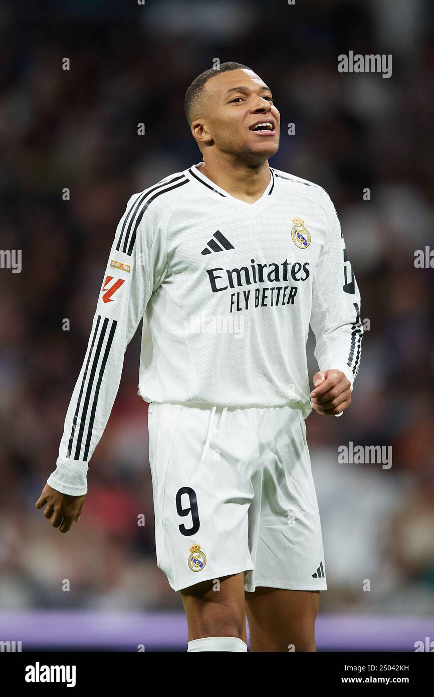 MADRID, SPAIN - DECEMBER 22: Kylian Mbappe of Real Madrid reacts during ...