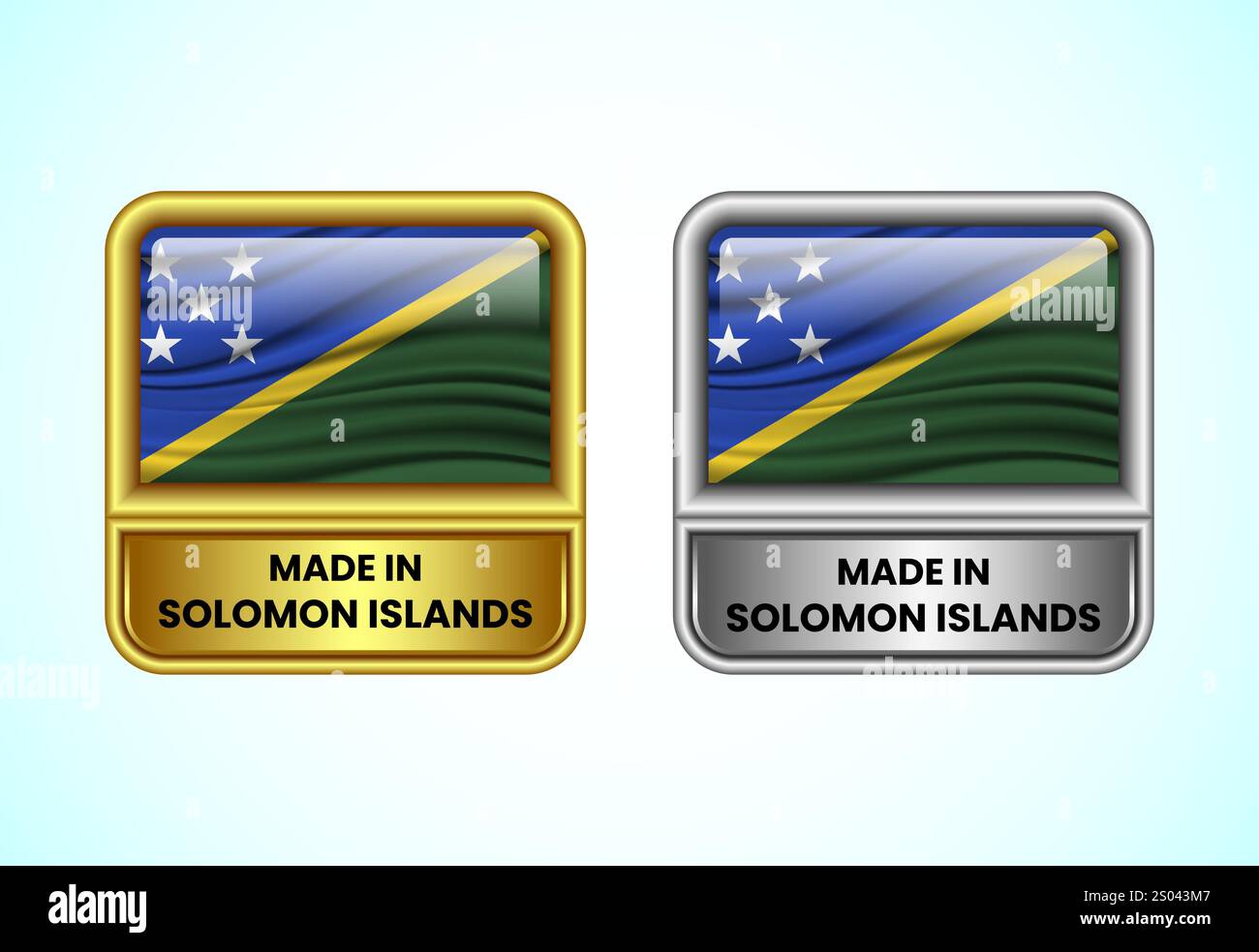 Made in Solomon Islands label icon in gold and silver color. Flag icon ...