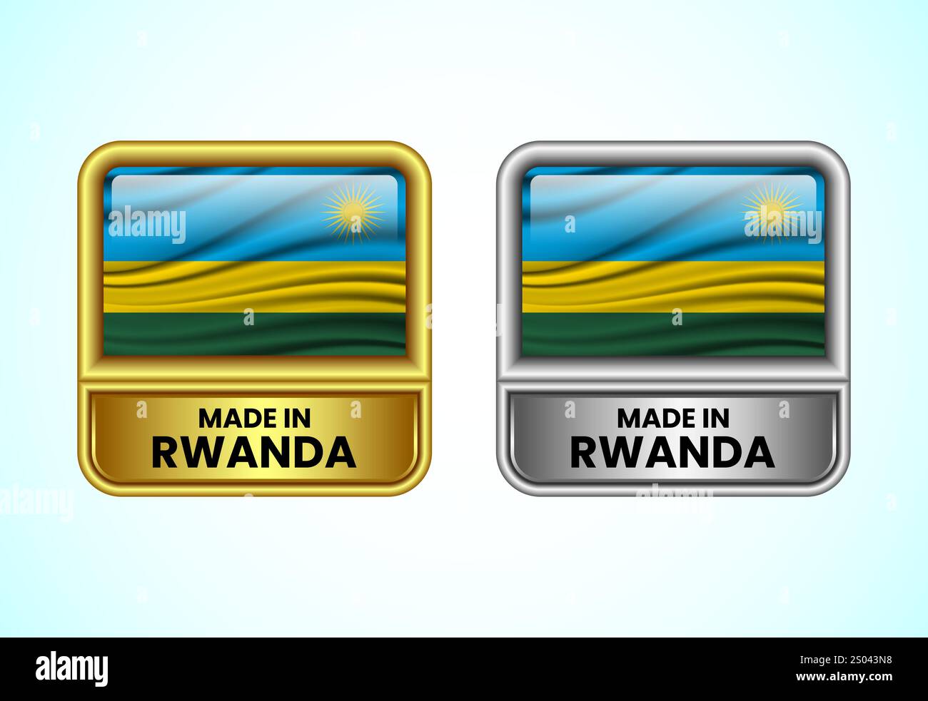 Made in Rwanda label icon in gold and silver color. Flag icon set for ...