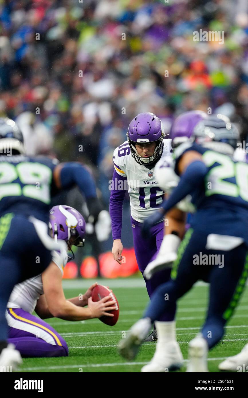 Minnesota Vikings place kicker Will Reichard (16) kicks the ball during ...
