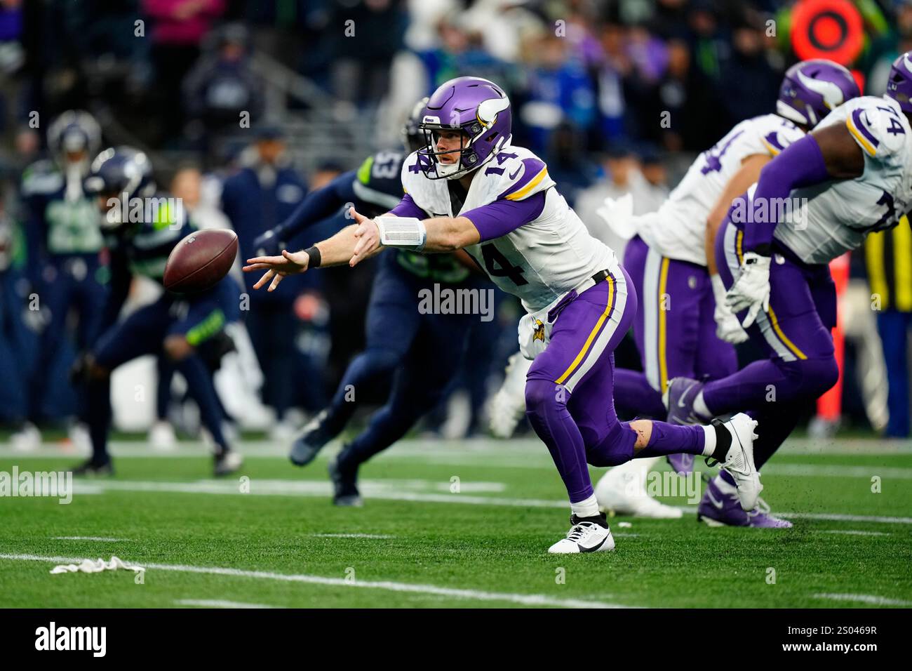 Minnesota Vikings quarterback Sam Darnold (14) lobs the ball during an NFL football game against ...