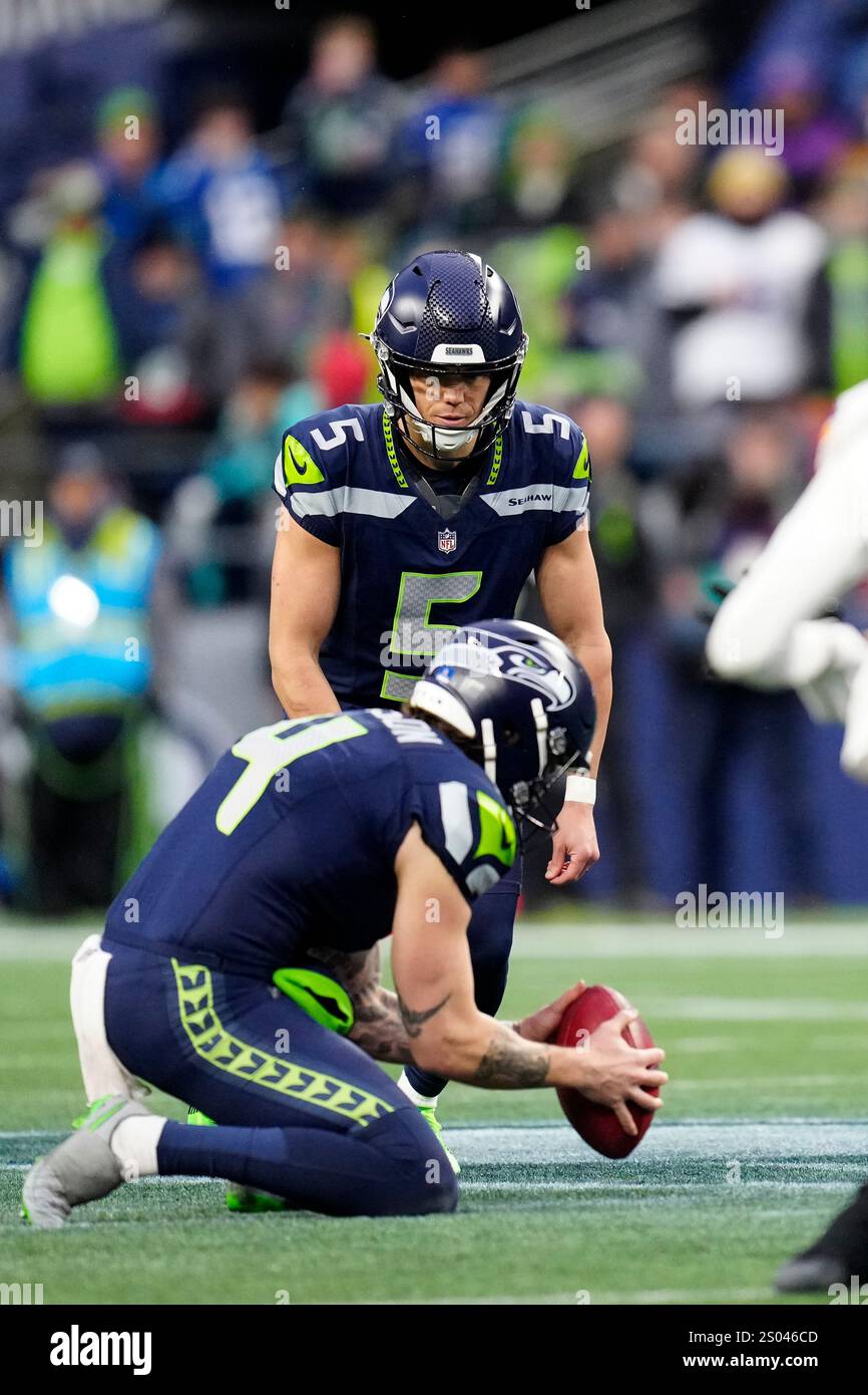 Seattle Seahawks place kicker Jason Myers (5) kicks the ball during an ...