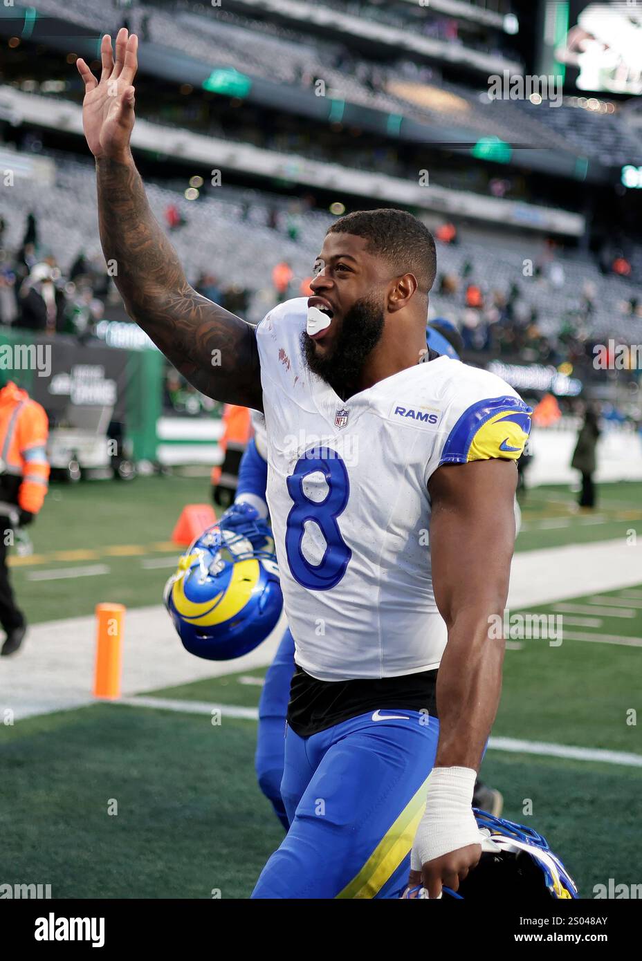 Los Angeles Rams linebacker Jared Verse (8) walks off the field after ...