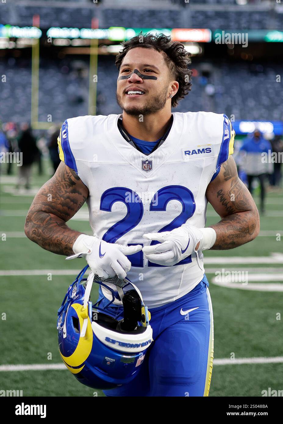 Los Angeles Rams running back Blake Corum (22) reacts after an NFL ...