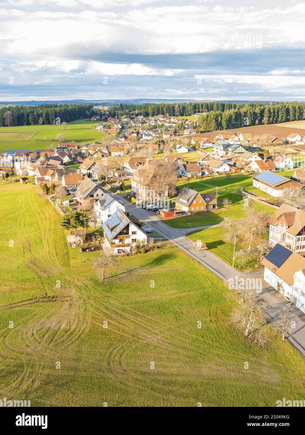 Rural village with scattered houses and green fields under a cloudy sky ...