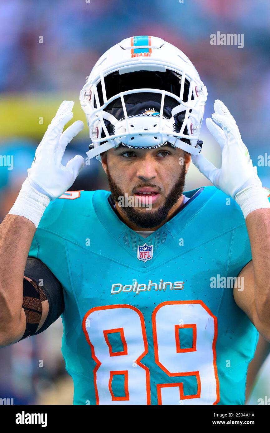 Miami Dolphins tight end Julian Hill (89) stands on the sidelines ...