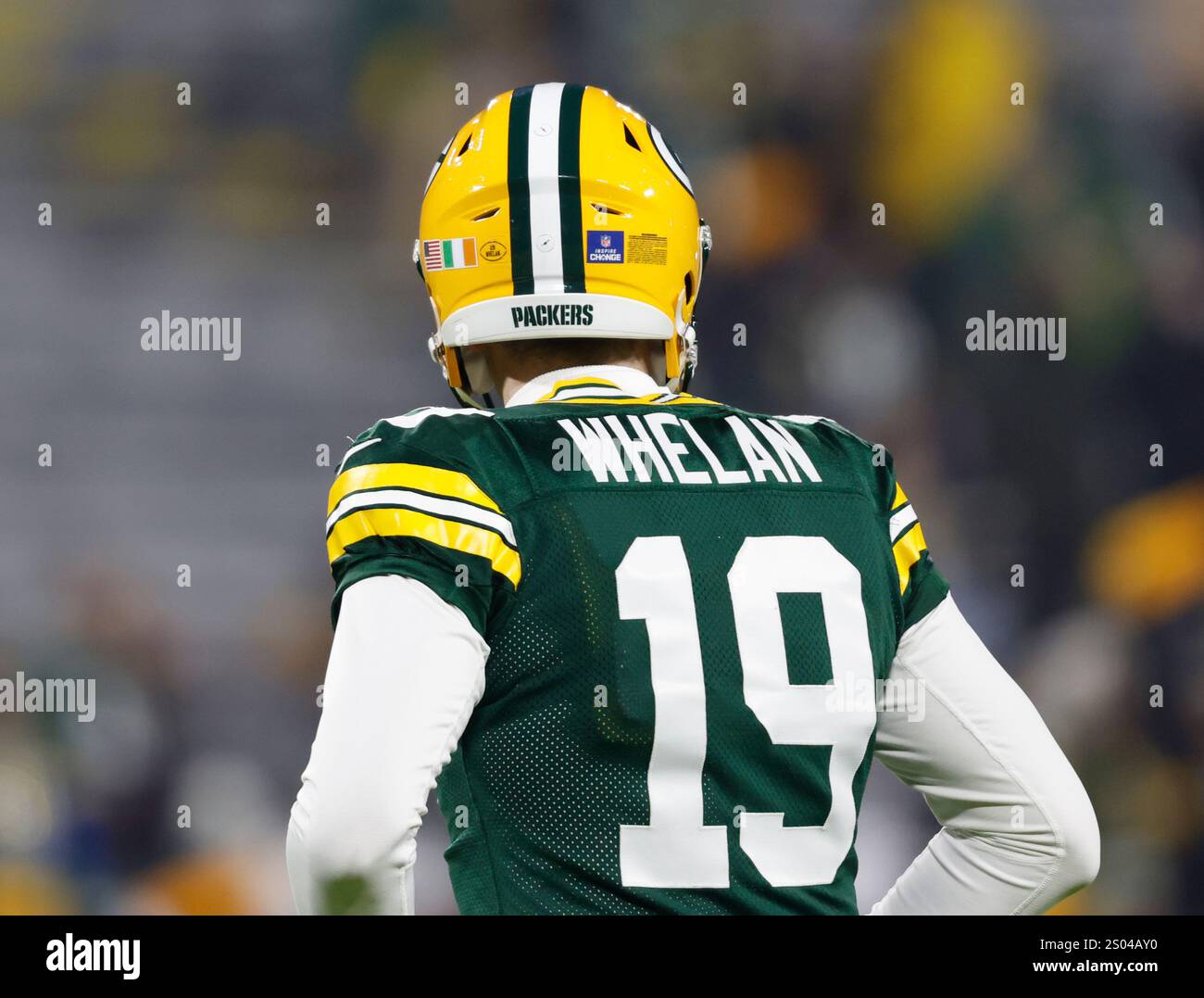 Green Bay Packers punter Daniel Whelan (19) sports stickers on his ...