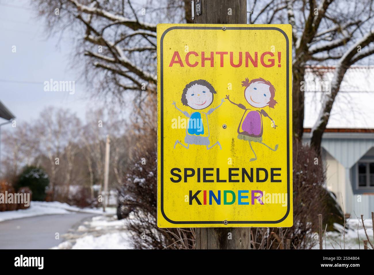 Bavaria, Germany - December 24, 2024: Warning sign Achtung spielende ...