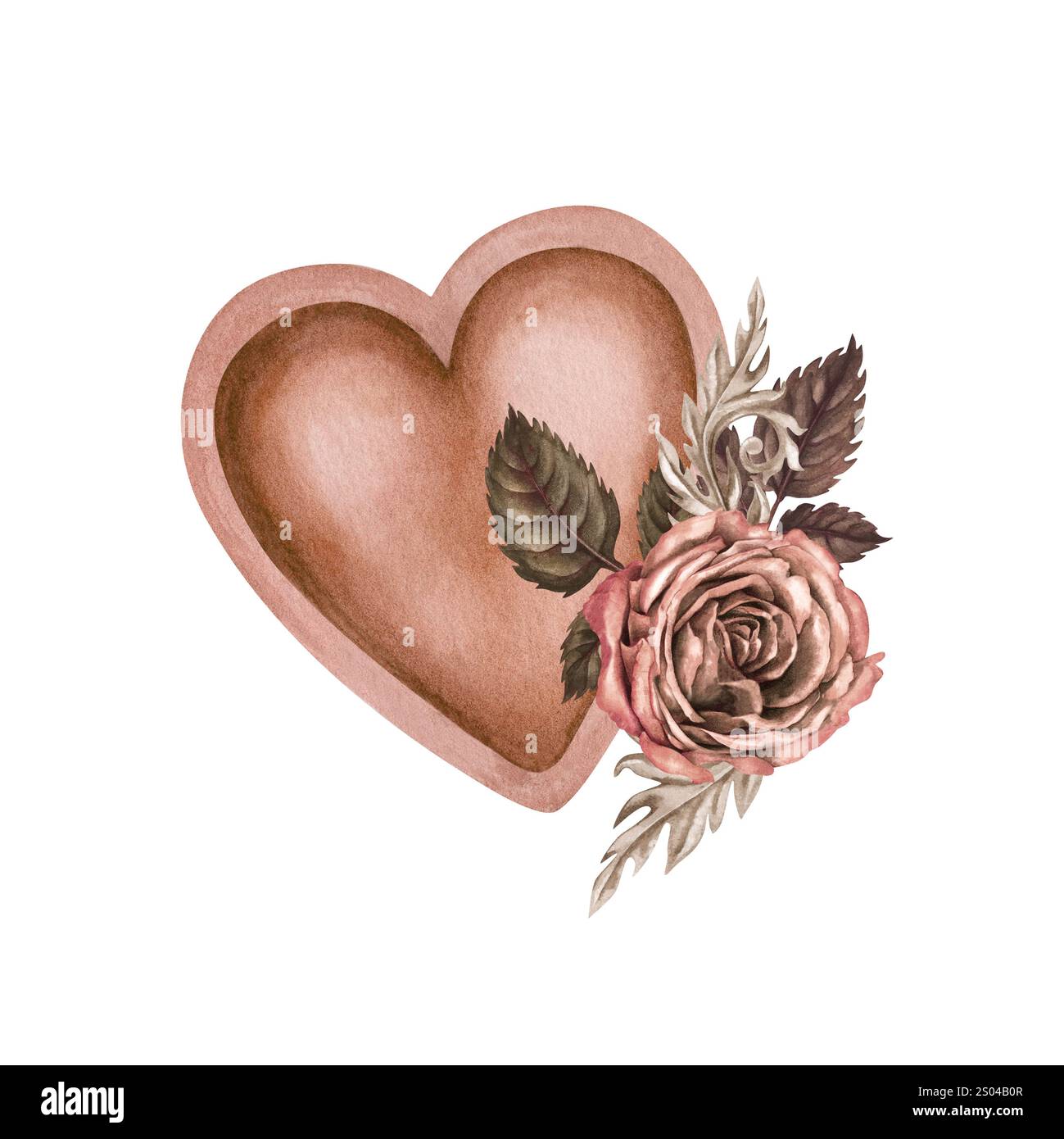 Brown heart with rose flower in mocha mousse palette Watercolor ...