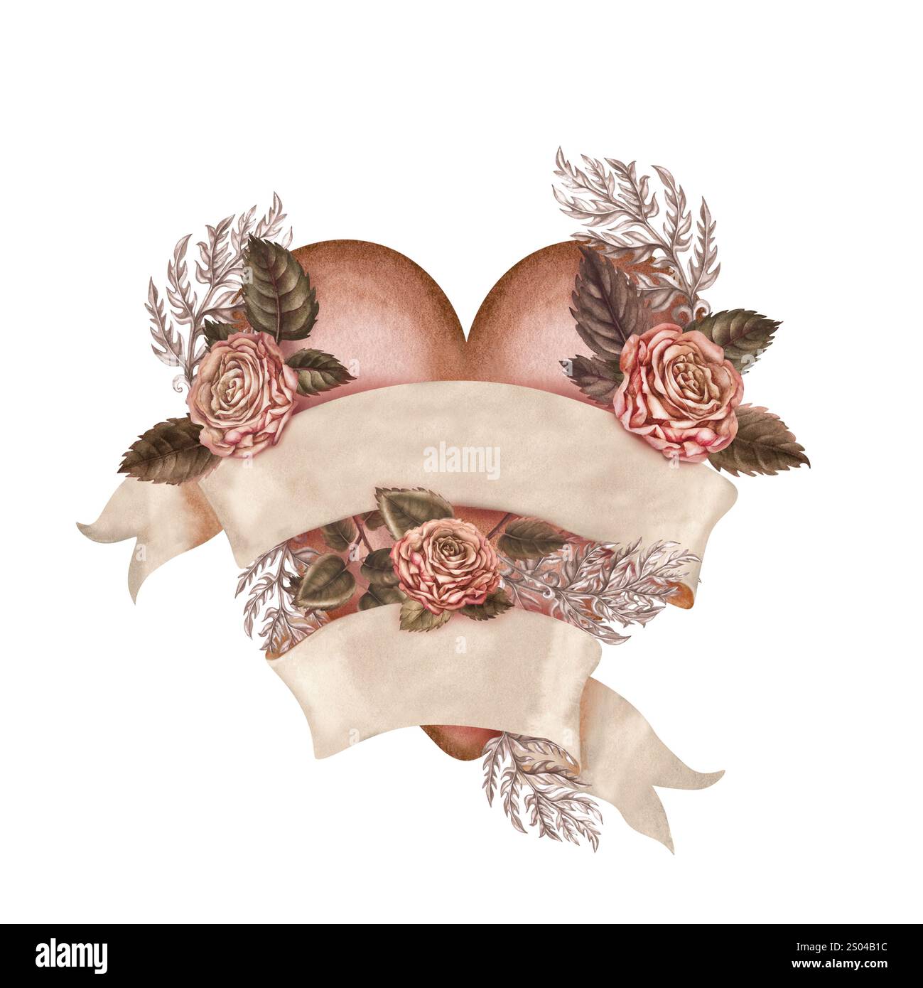 Brown heart with blank beige paper banner ribbon, rose flower in mocha ...