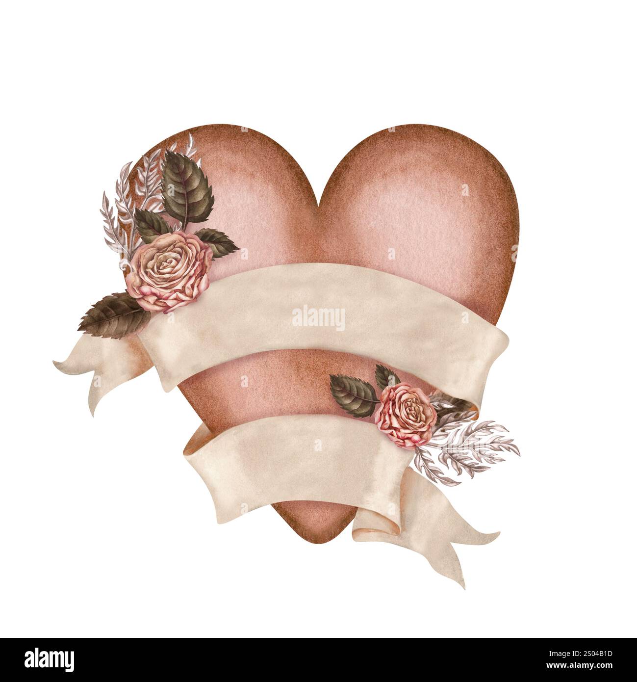 Brown heart with blank beige paper banner ribbon, rose flower in mocha ...
