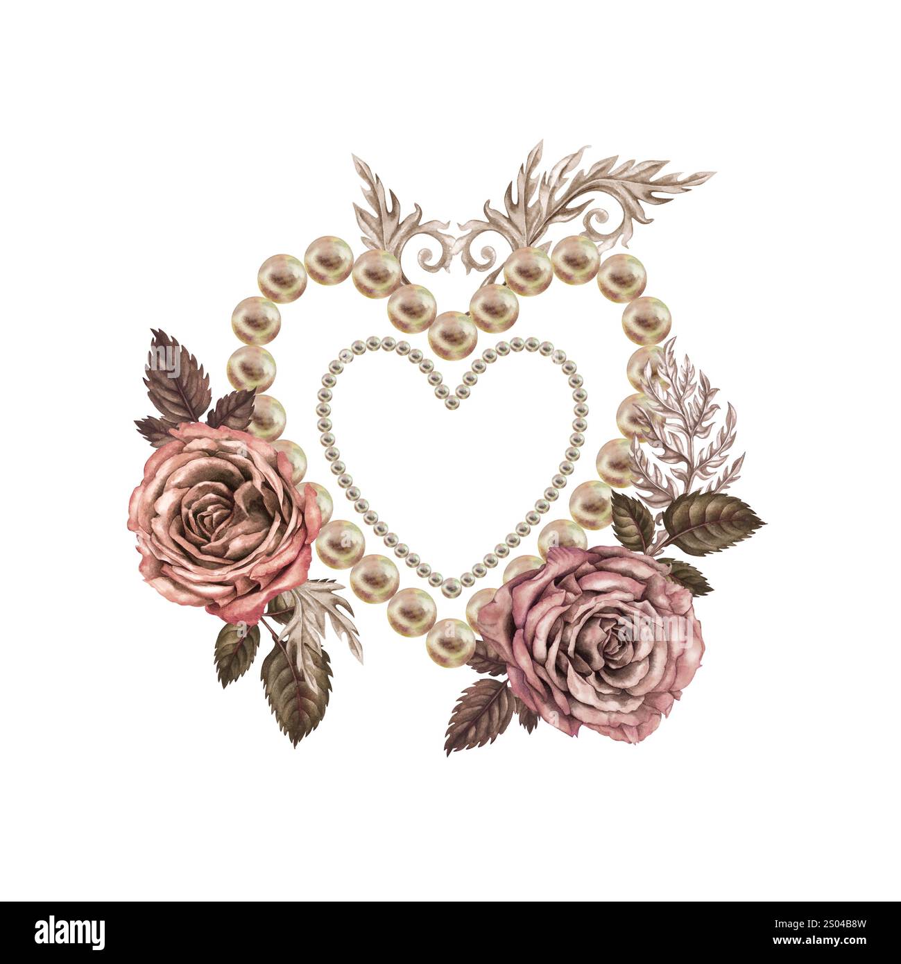 Watercolor bouquet of coffee rose flowers with a pearl heart in a ...
