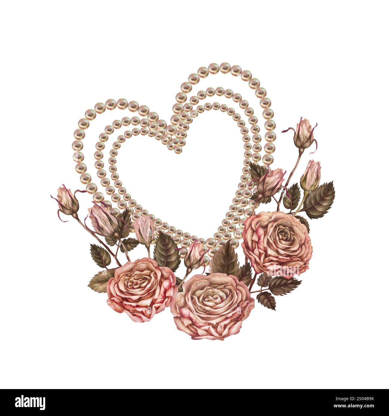 Watercolor bouquet of coffee rose flowers with a pearl heart in a ...