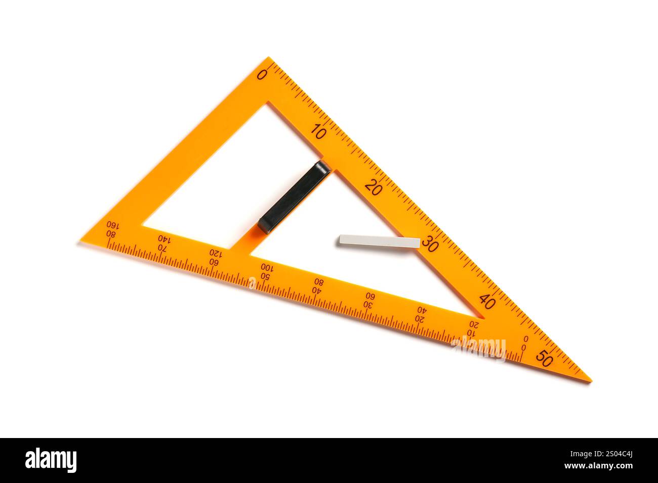 Triangle ruler and chalk isolated on white, top view Stock Photo - Alamy