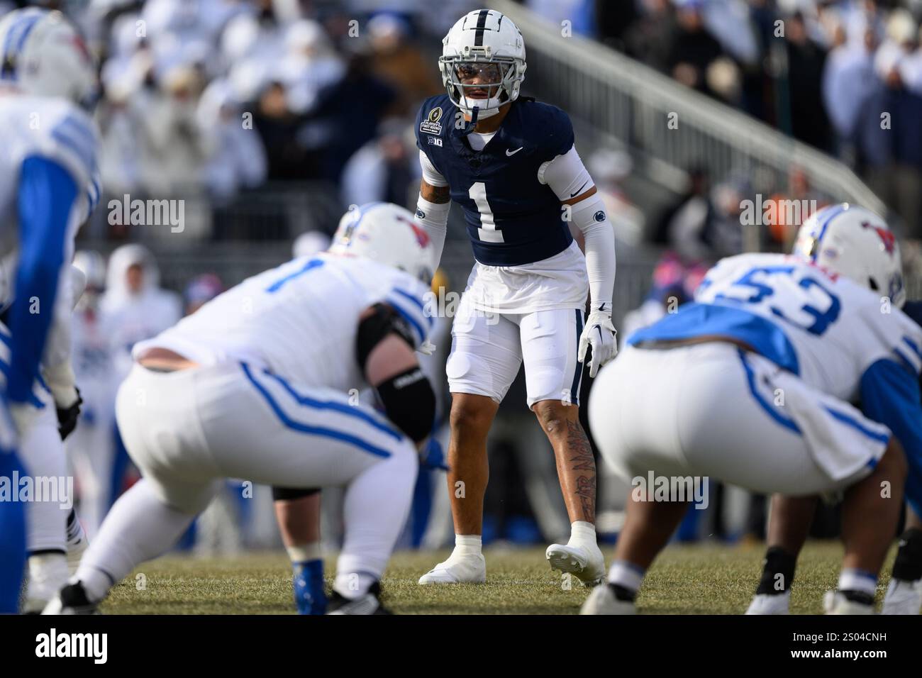 State College, PA, USA. 21st Dec, 2024. Penn State Nittany Lions safety Jaylen Reed (1) calls a ...