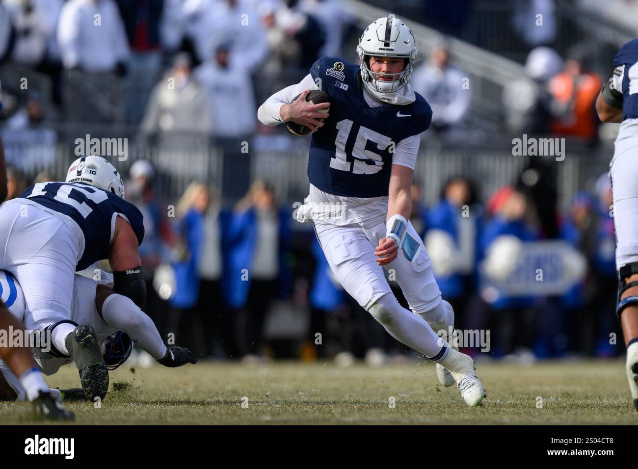 State College, PA, USA. 21st Dec, 2024. Penn State Nittany Lions quarterback Drew Allar (15 ...