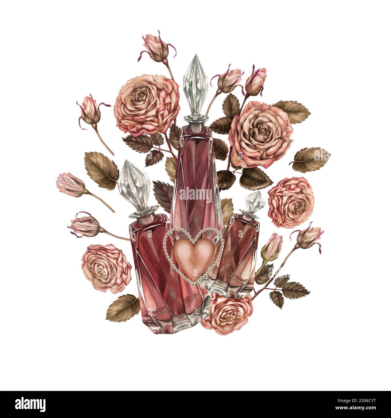 Floral watercolor composition with pearl heart, perfumes, roses in pink ...