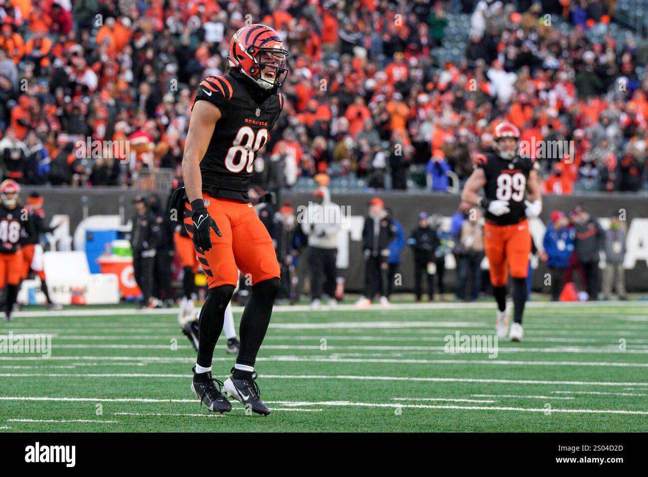 Cincinnati Bengals wide receiver Andrei Iosivas (80) reacts during an ...