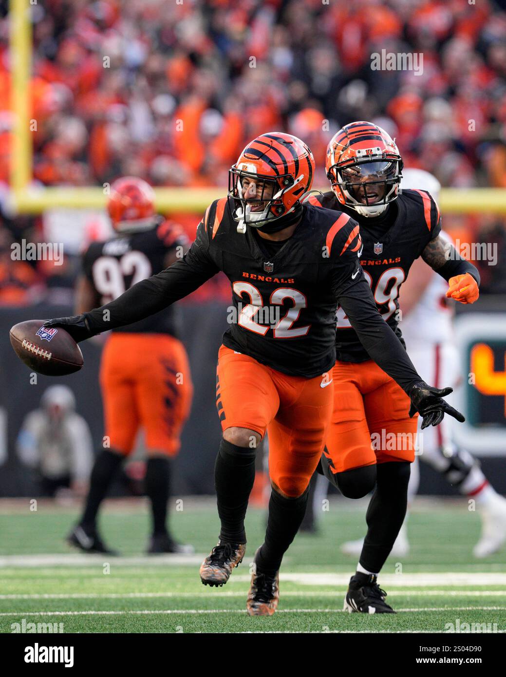 Cincinnati Bengals safety Geno Stone (22) reacts after making an ...