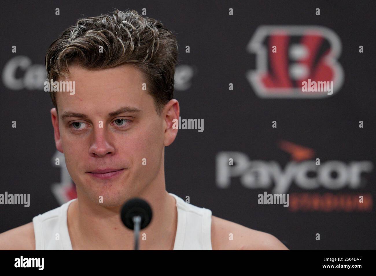 Cincinnati Bengals quarterback Joe Burrow speaks with the press ...
