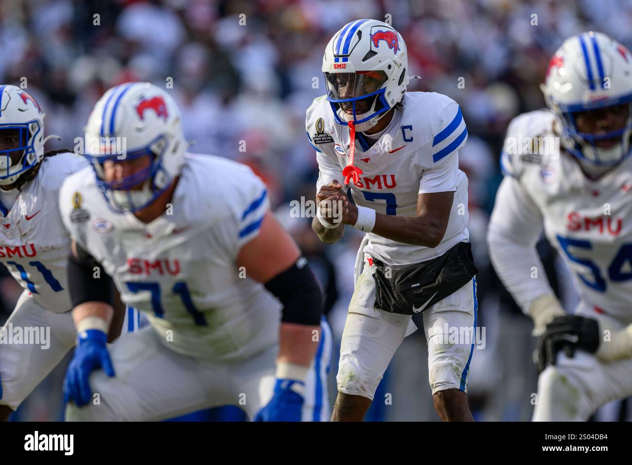 State College, PA, USA. 21st Dec, 2024. Southern Methodist Mustangs quarterback Kevin Jennings ...