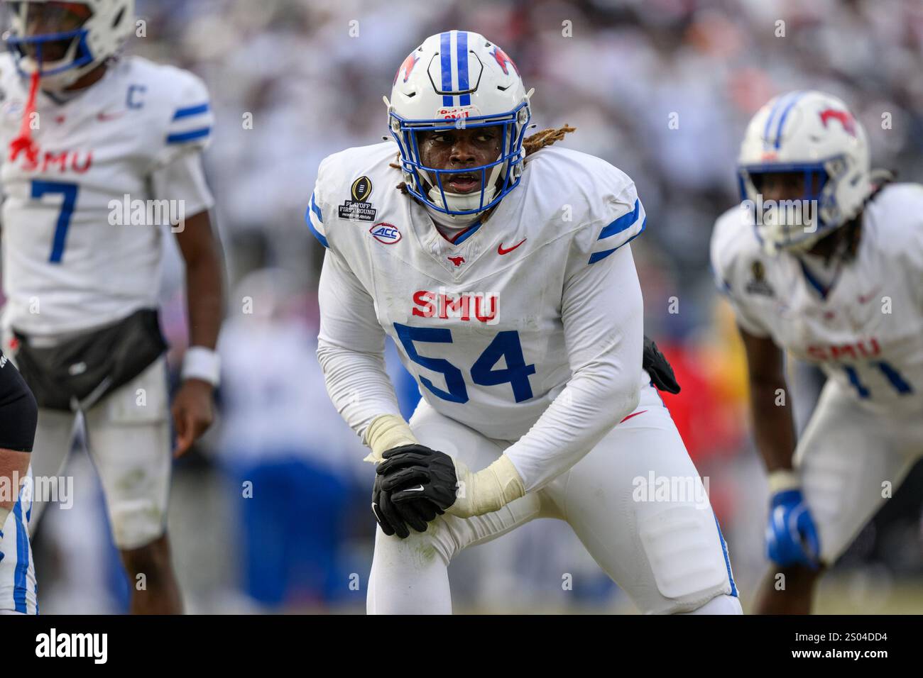 State College, PA, USA. 21st Dec, 2024. Southern Methodist Mustangs offensive lineman Savion ...
