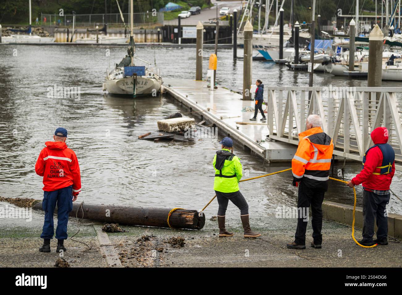 A damaged dock piling is pulled out of Santa Cruz Harbor in Santa Cruz ...