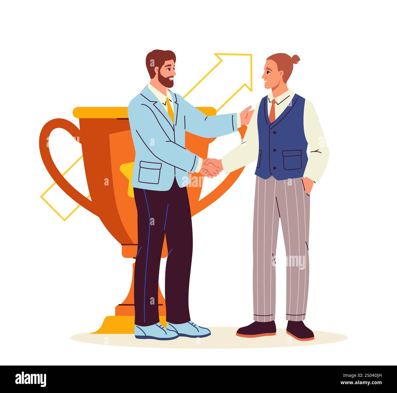 Business people scene. Men shake hands near cup. Motivation, leadership ...