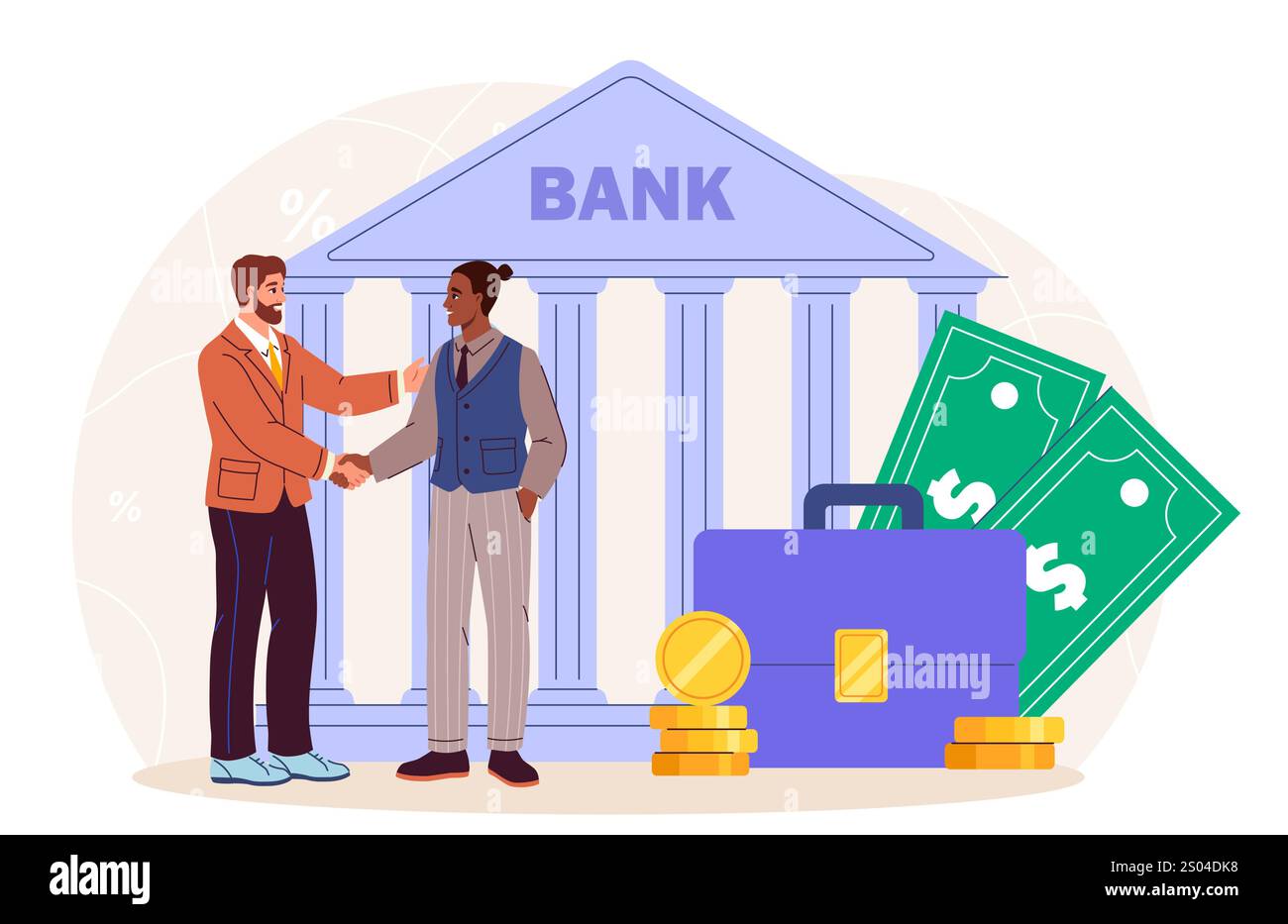 People near bank. Men shake hands near briefcase with money and bank ...