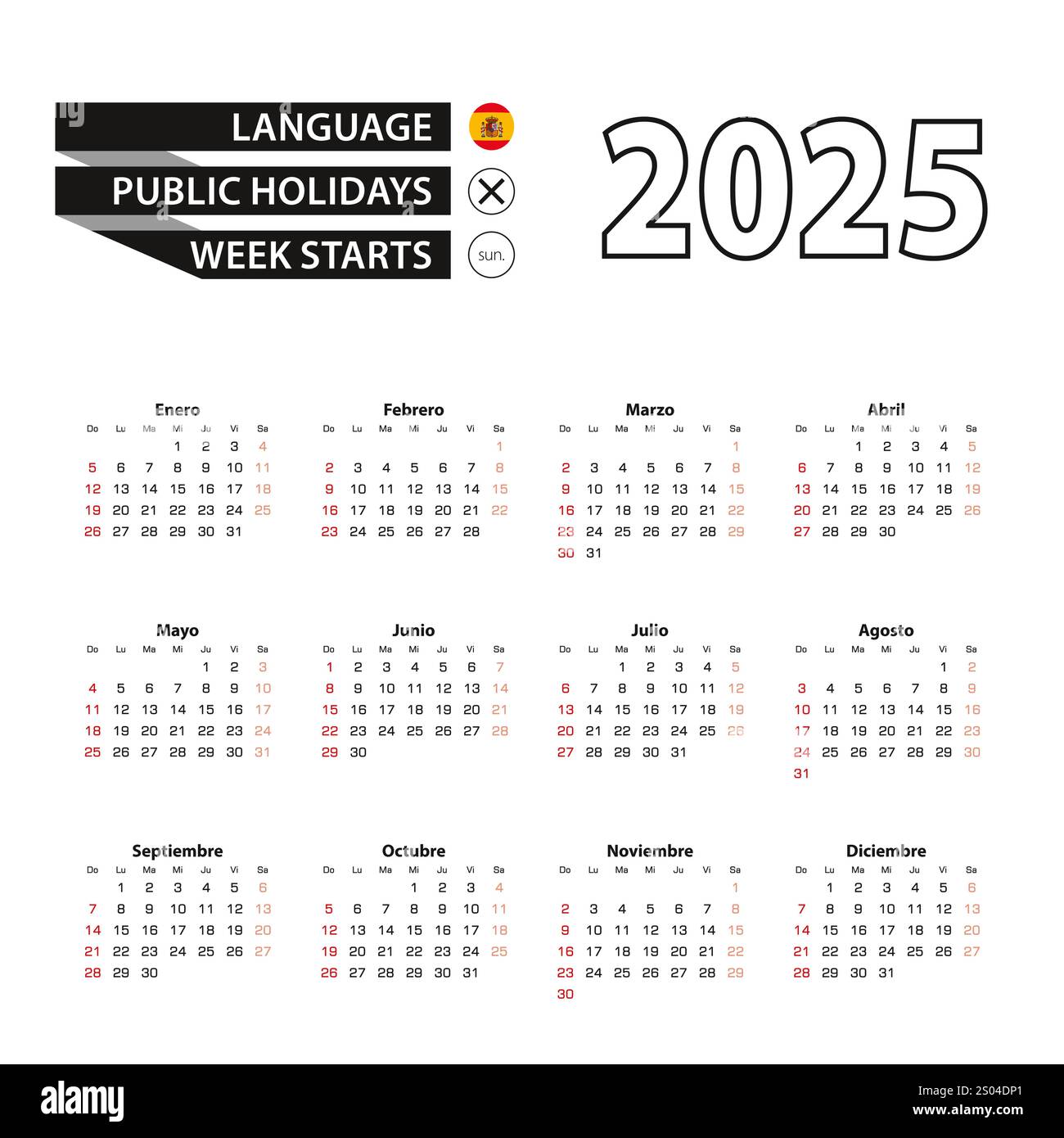 2025 calendar in Spanish language, week starts from Sunday. Vector ...