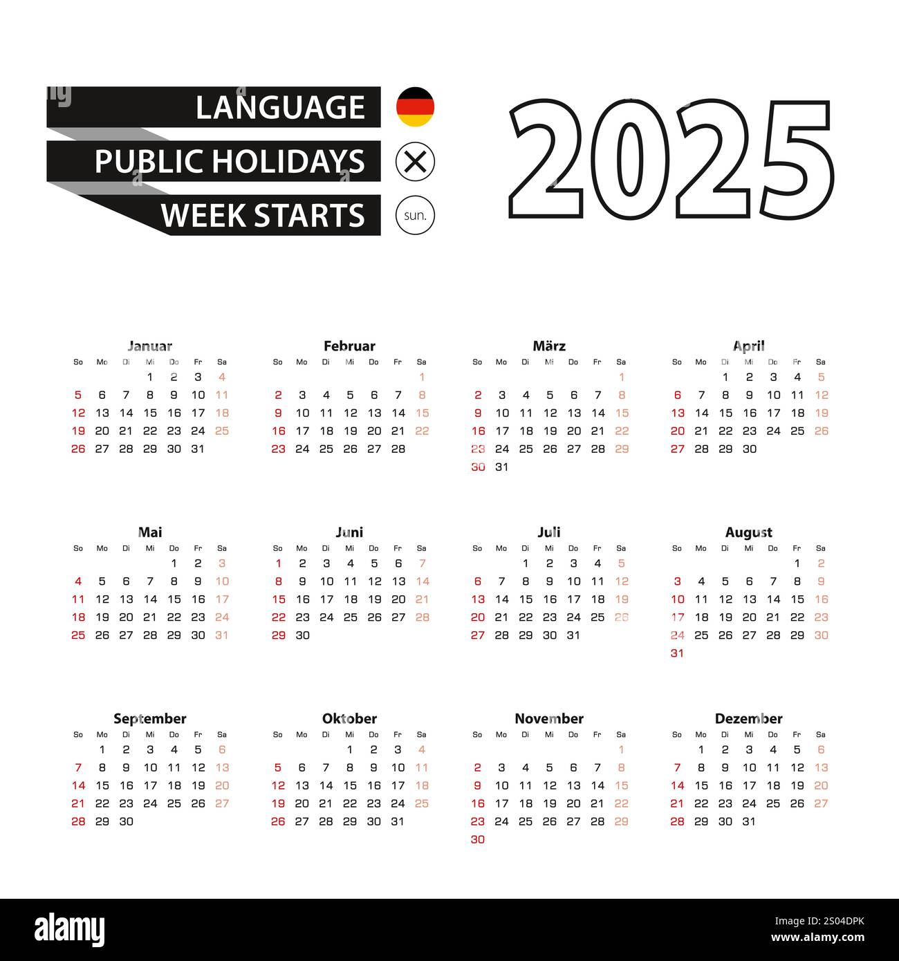 2025 calendar in German language, week starts from Sunday. Vector ...