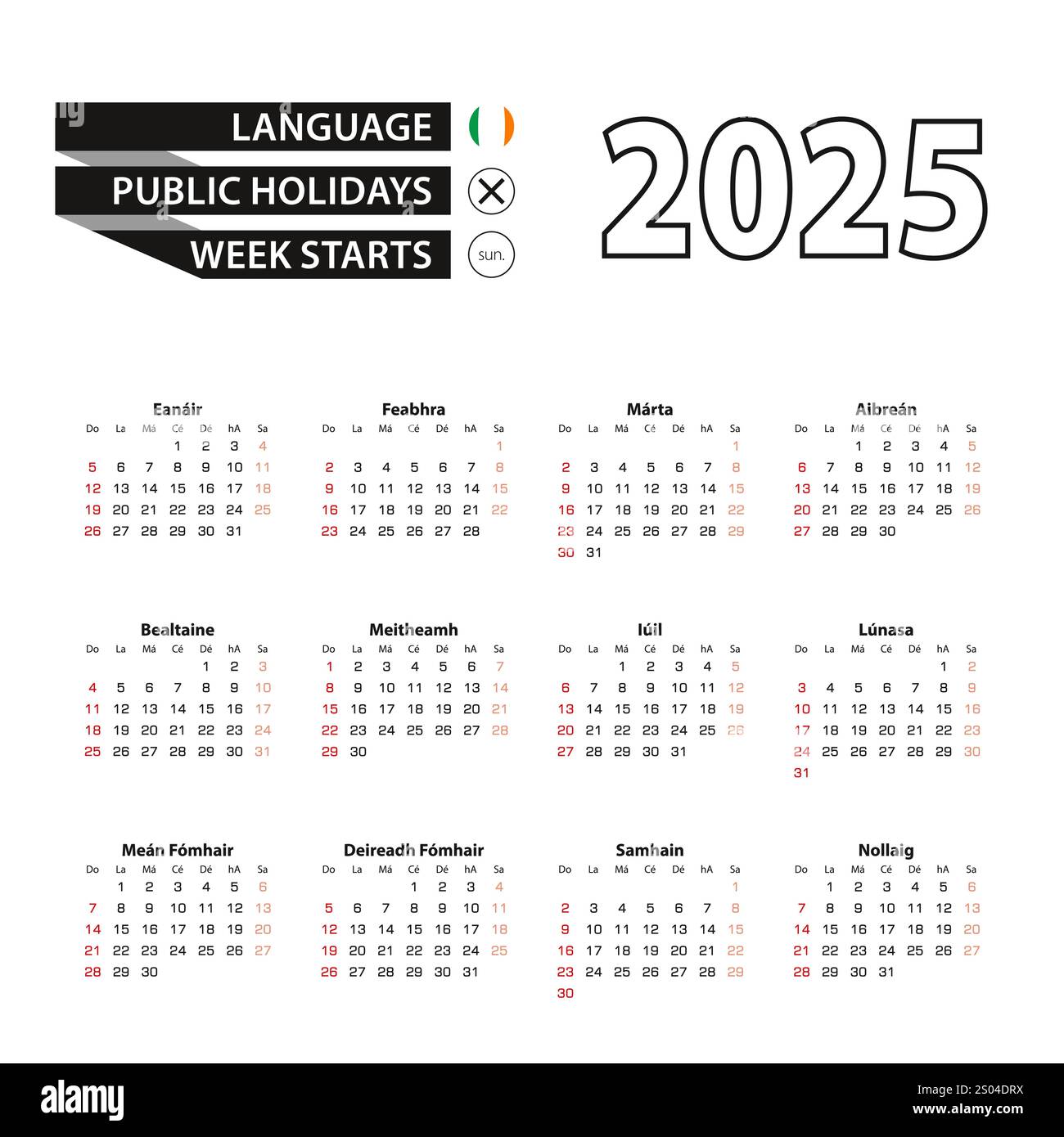 2025 calendar in Irish language, week starts from Sunday. Vector ...