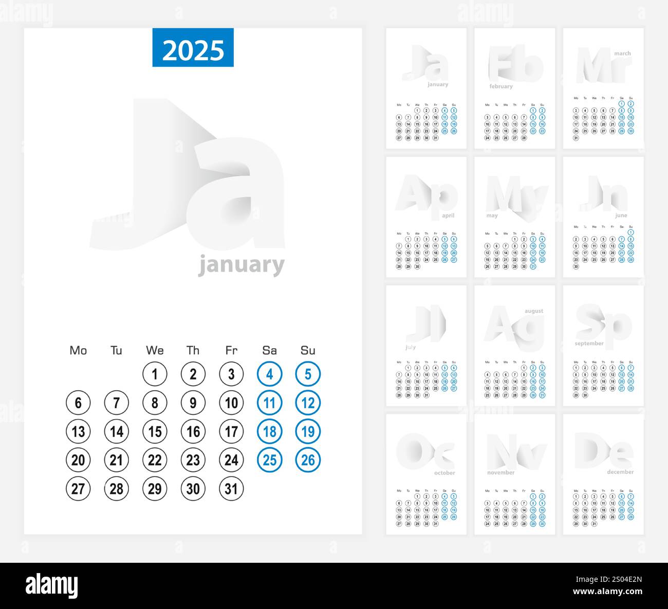 Calendar 2025, blue circle design. English language, week starts on ...