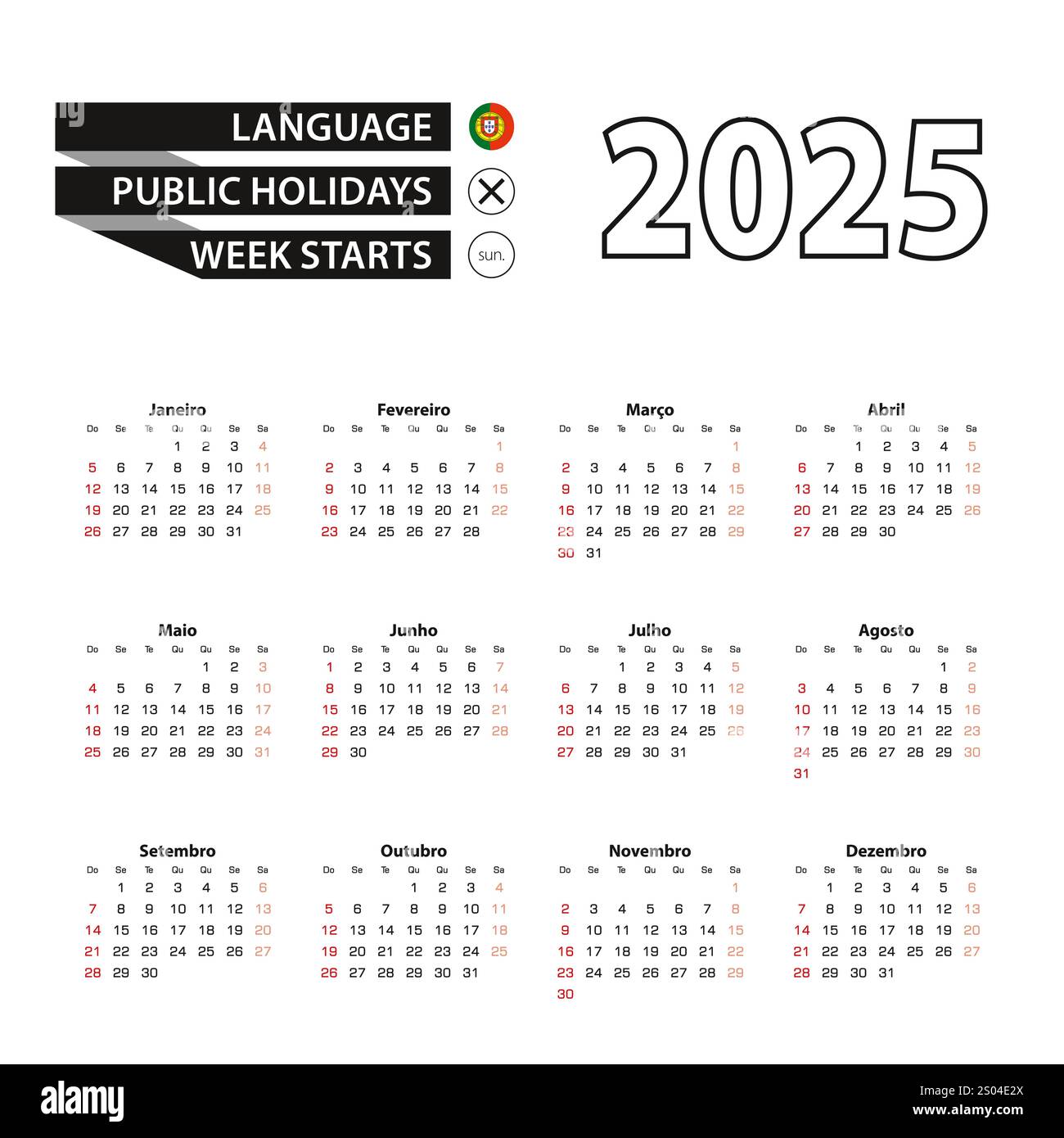2025 calendar in Portuguese language, week starts from Sunday. Vector ...