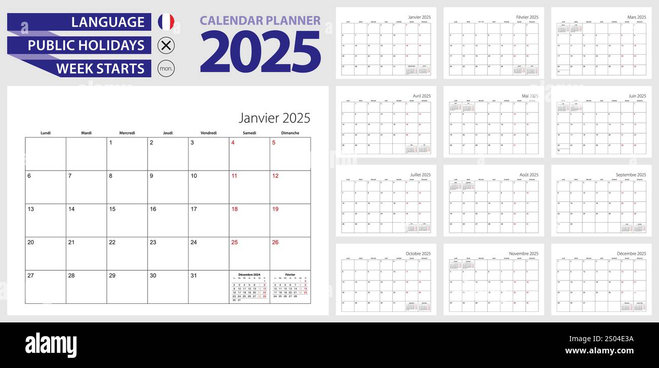 French calendar planner for 2025. French language, week starts from ...