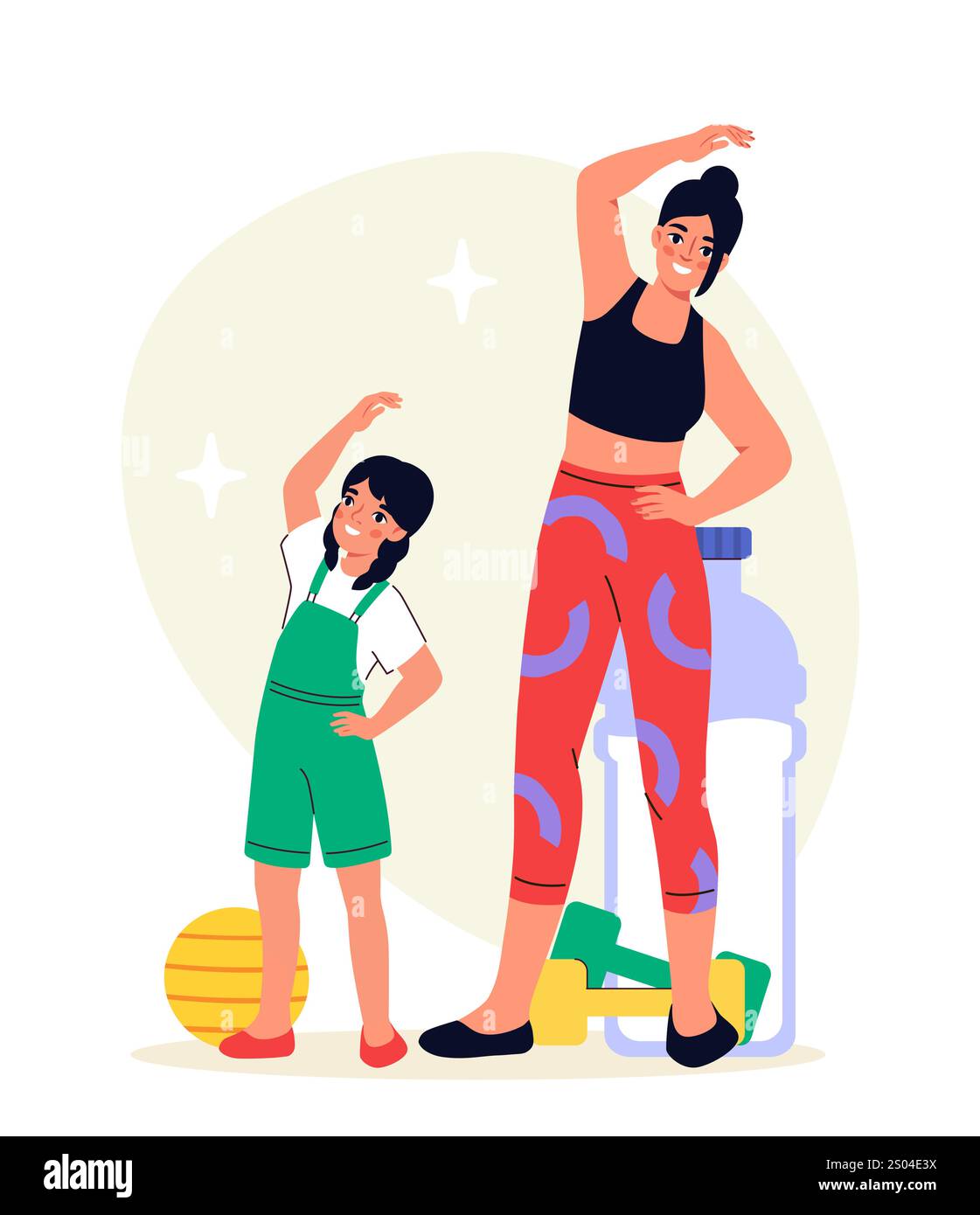 Happy family scene. Woman and girl stretch. Mother and daughter do ...